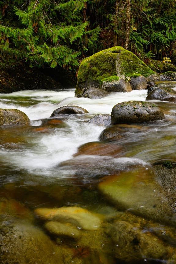 Rugged Mountain River Flows Past Moss Covered Boulder and Smooth Rocks ...