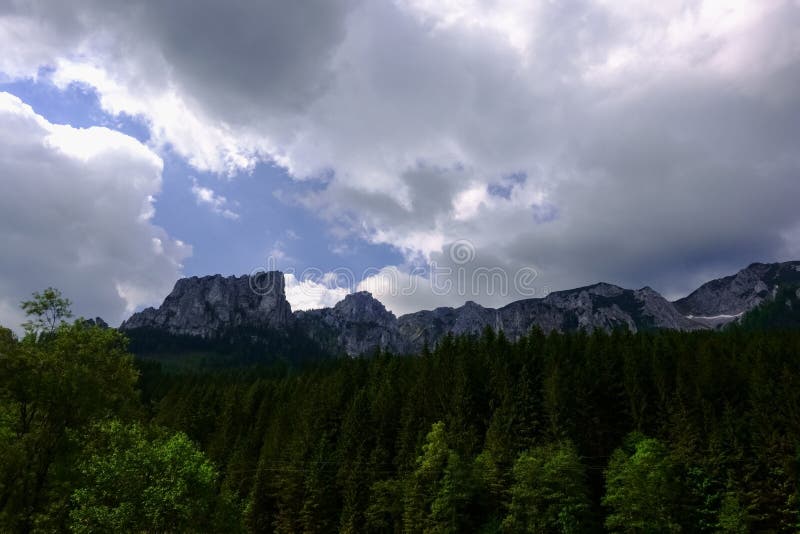 Rugged Mountains and Forest in the Foreground Stock Image - Image of ...