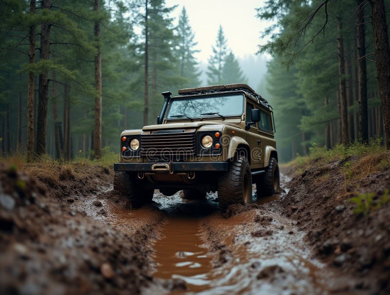 Rugged Off-Road Vehicle Navigating a Muddy Forest Path Stock Photo ...