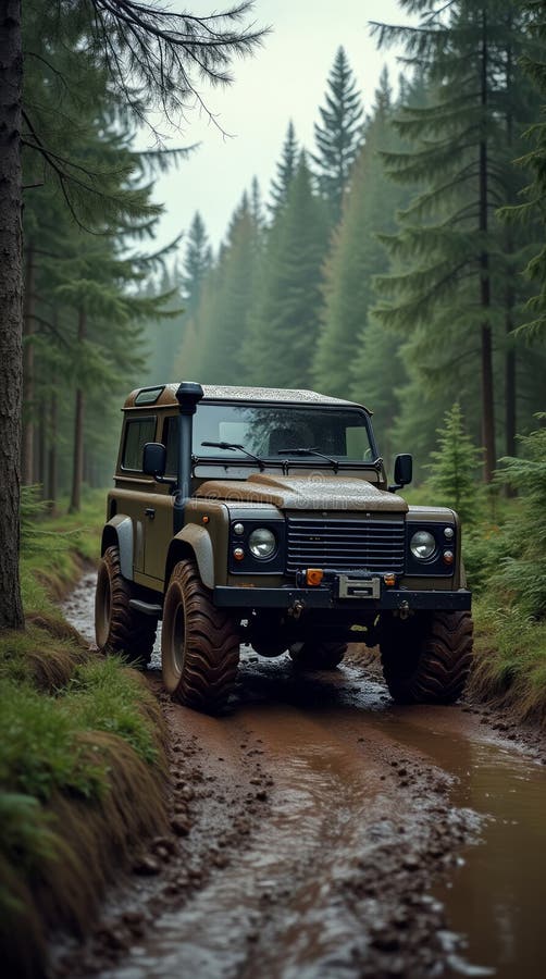 Rugged Off-Road Vehicle Navigating a Muddy Forest Path Stock Image ...