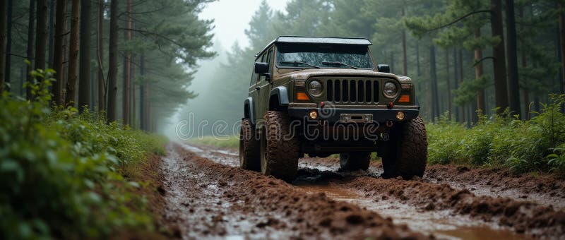 Rugged Off-Road Vehicle Navigating a Muddy Forest Path Stock Photo ...