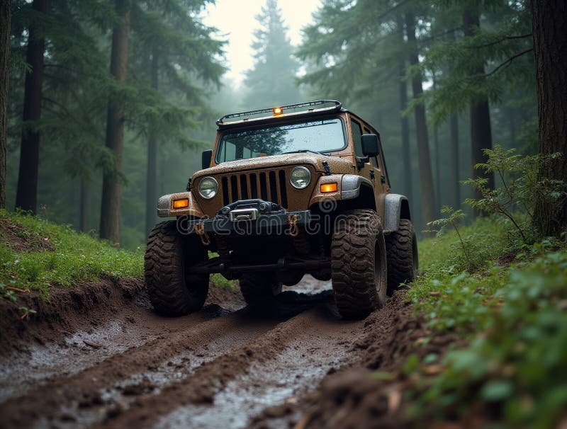 Rugged Off-Road Vehicle Navigating a Muddy Forest Path Stock Image ...