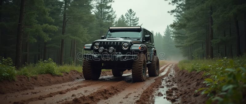 Rugged Off-Road Vehicle Navigating a Muddy Forest Path Stock Photo ...