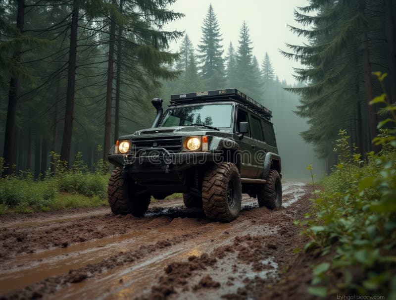 Rugged Off-Road Vehicle Navigating a Muddy Forest Path Stock Photo ...
