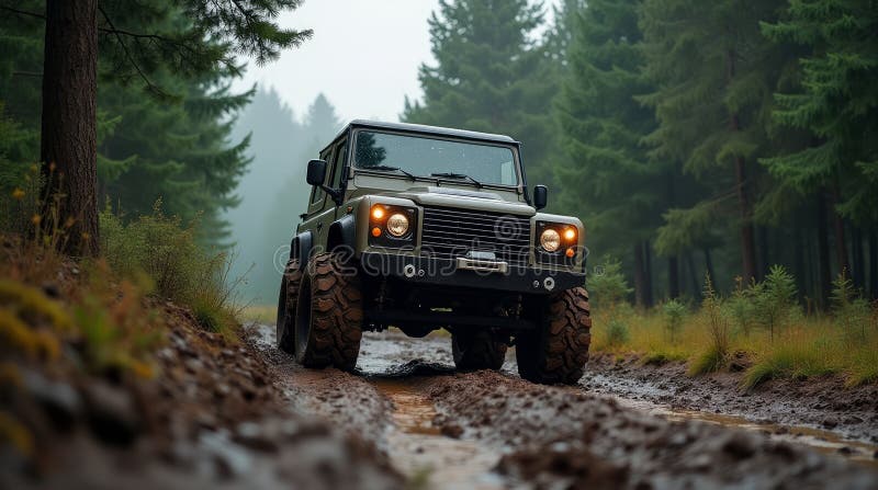 Rugged Off-Road Vehicle Navigating a Muddy Forest Path Stock Photo ...