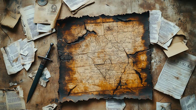 Rugged Old West Map with Burned Edges, Surrounded by Aged Papers and ...