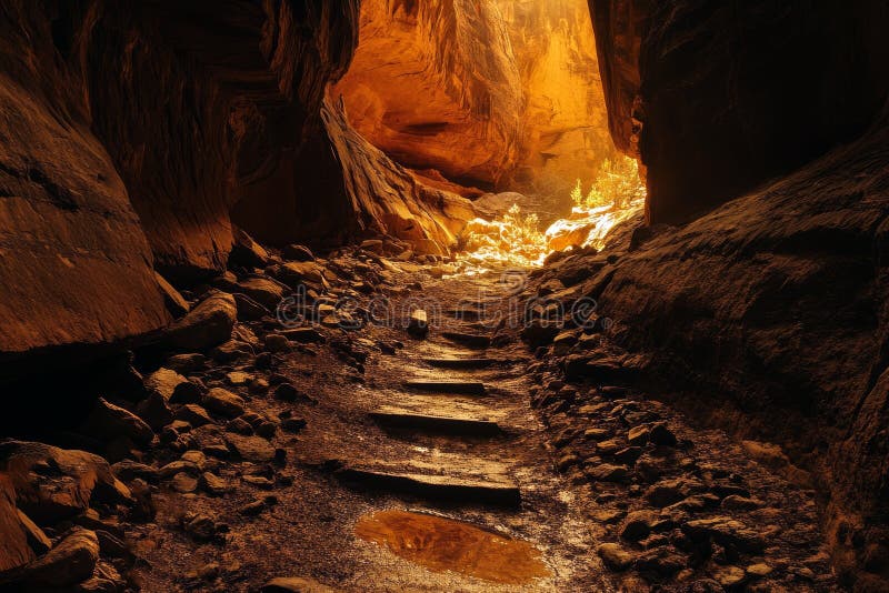 Scenic Rocky Cavern Pathway Illuminated by Glow of Sunlight. Stock ...