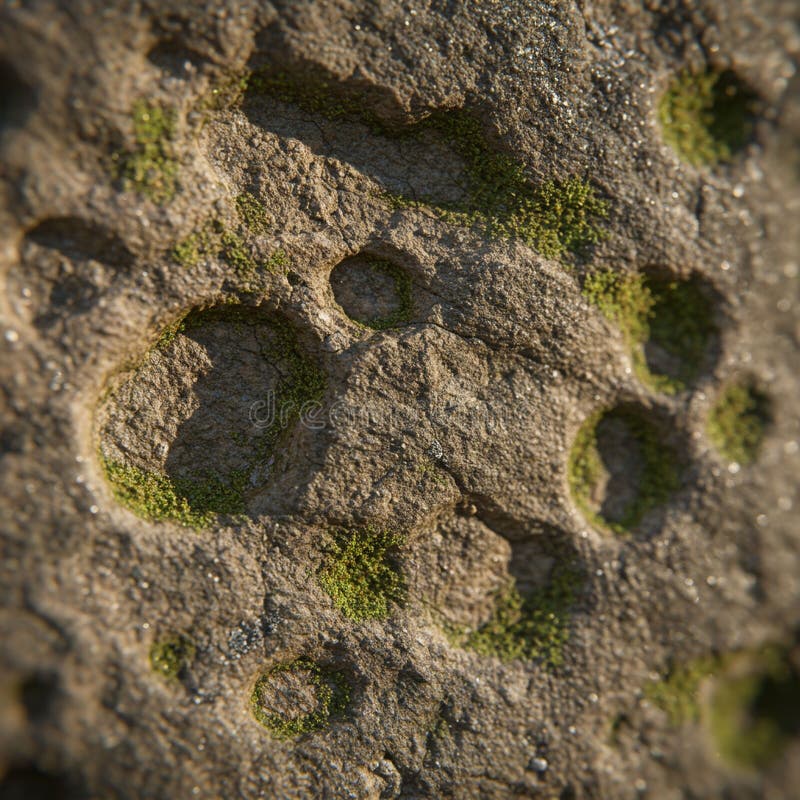 Rugged Rock Surface with Irregular Holes and Indentations. Green Moss ...