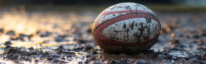 A Rugged Rugby Ball Sits on a Muddy Field, Showcasing Its Worn Surface ...