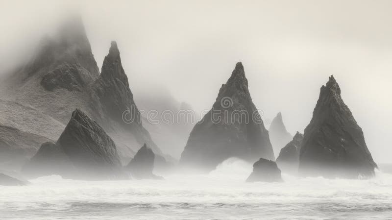 Rugged Sea Stacks Emerging from a Misty Ocean Stock Image - Image of ...
