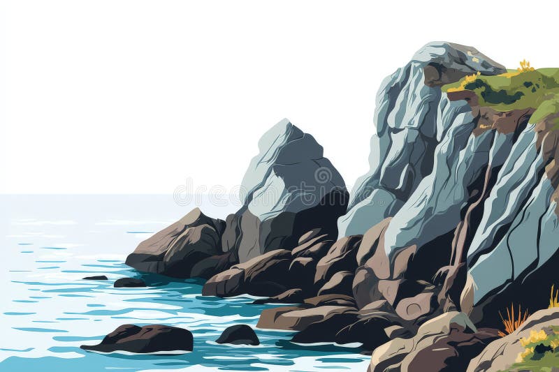 Rugged Shoreline with Cliff Boulder Stock Illustration - Illustration ...