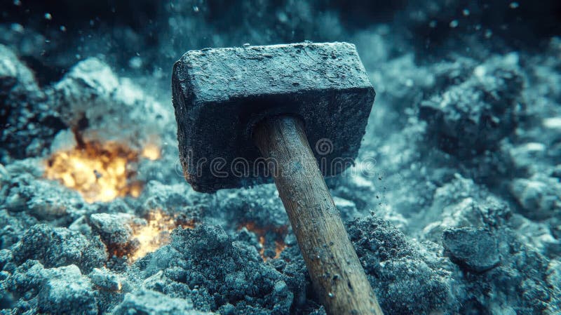 A Rugged Sledgehammer Resting on Cracked Rocks, Symbolizing Power ...