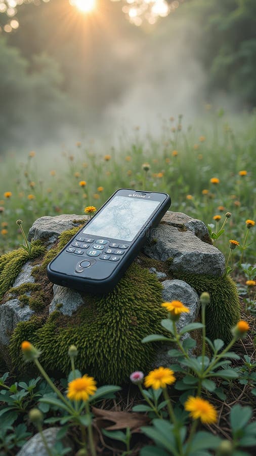Rugged Smartphone on Mossy Stone in Misty Flower Field at Sunrise Stock ...