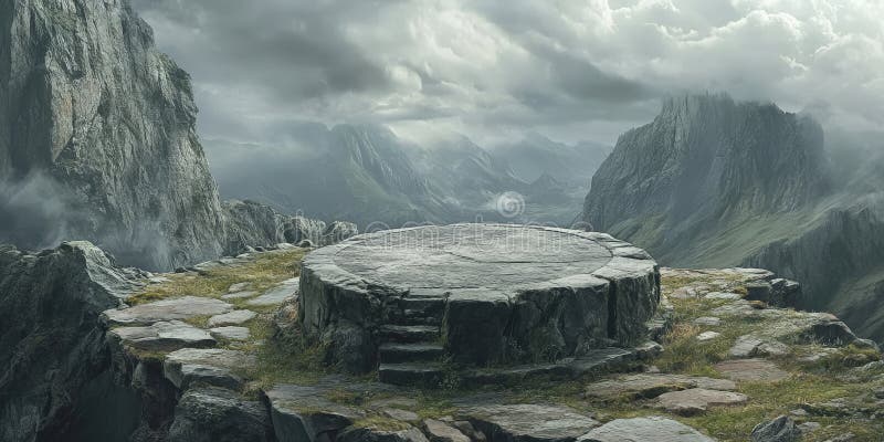 A Rugged Stone Podium Carved from Rough-hewn Rock, Set in a Windswept ...