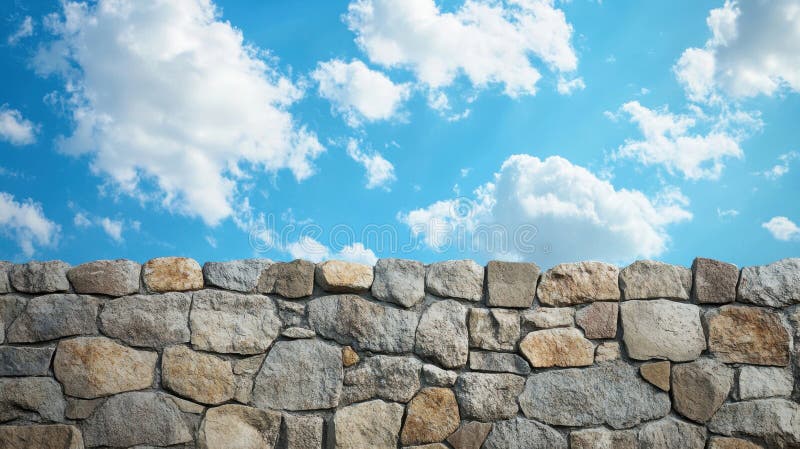 A Rugged Stone Wall Against a Bright Blue Sky with Scattered Fluffy ...