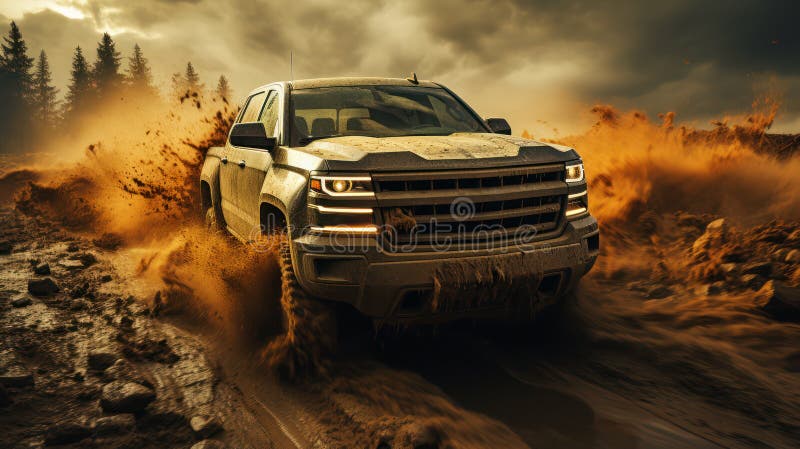 A Robust SUV Splashes through Mud, Surrounded by a Stormy and ...