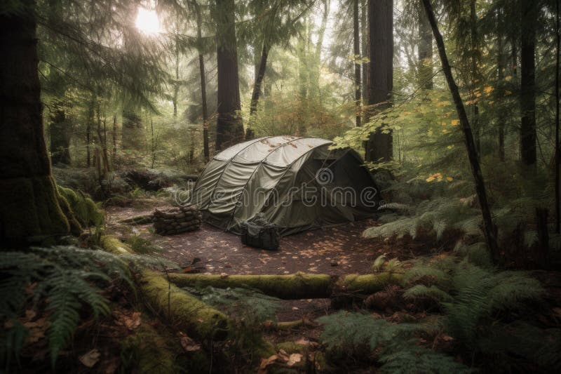 A Rugged Tent in a Forest, Surrounded by Towering Trees Stock ...