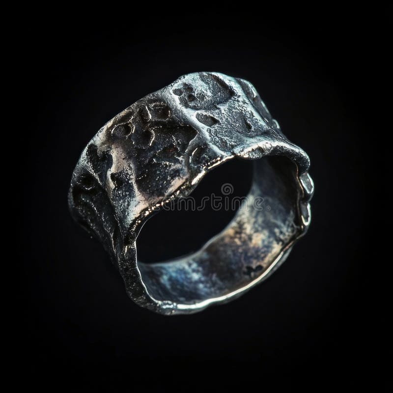 Rugged Textured Silver Ring Against Black Background Stock Photo ...