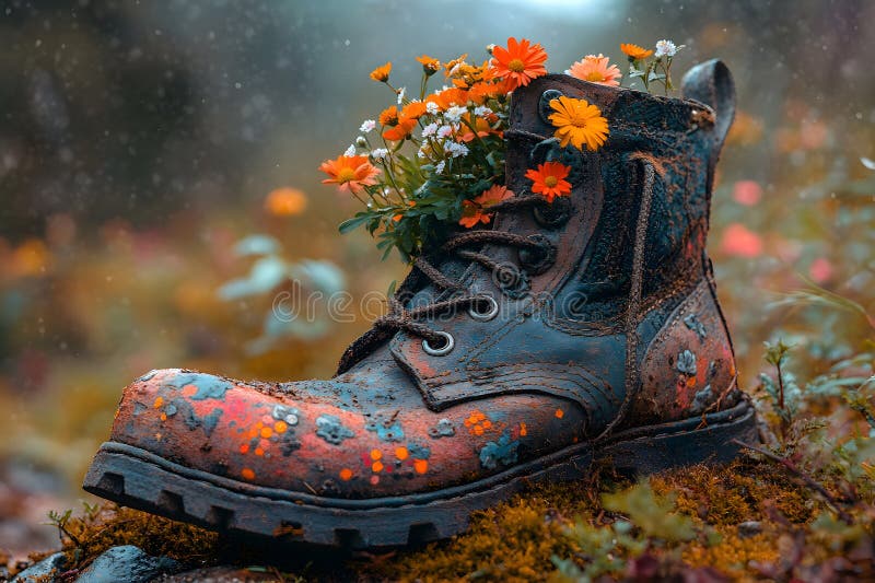 A Rugged, Worn-out Military Boot with Vibrant Flowers, Representing ...