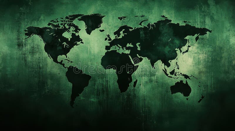 Dark Green Textured World Map on Grunge Surface. Concept of Global ...