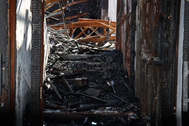 Debris from a Building Fire on a Building Entrance Staircase Stock ...