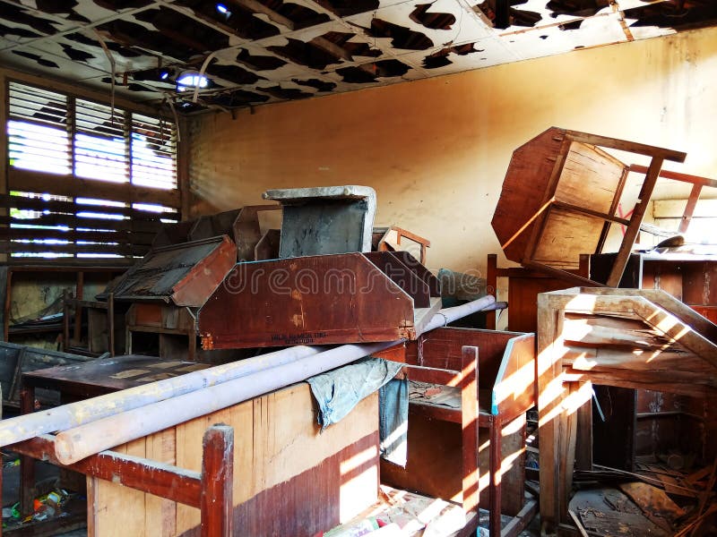 Photo Ruined Abandoned Class Room with Desks and Blackboards at School ...