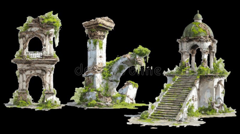 Ruined Architecture Set with Broken Column and Collapsed Building on ...