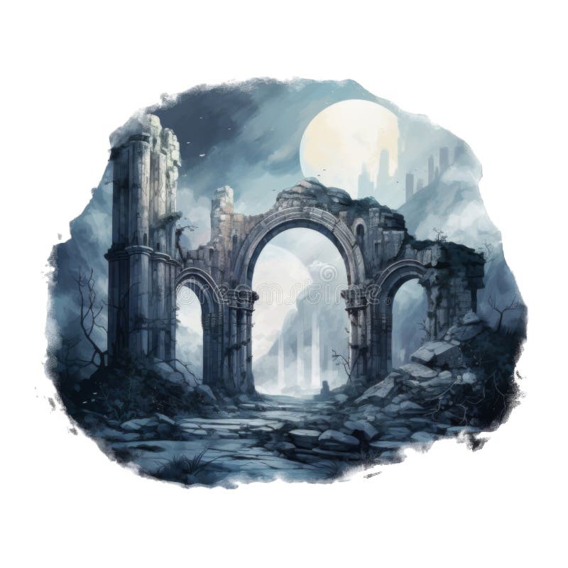 Ruined Archway Leading through a Misty Landscape Under a Full Moon ...