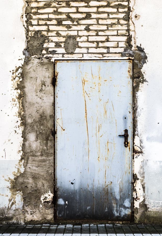 Ruined Brick Wall Closed Steel Door Stock Image - Image of entrance ...
