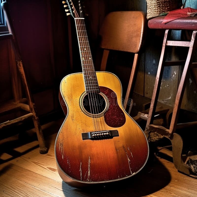 A Ruined Broken Acoustic Guitar Abandoned on a Stage Stock Illustration ...