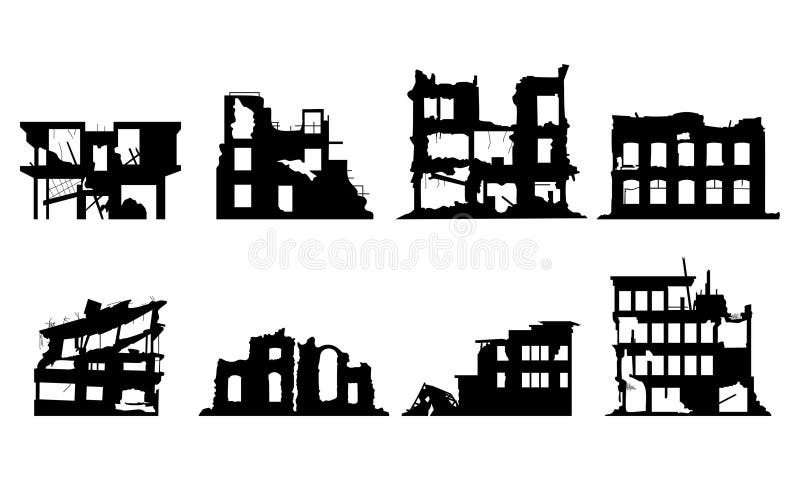 Ruined Buildings Isolated Silhouette Collection Stock Vector ...