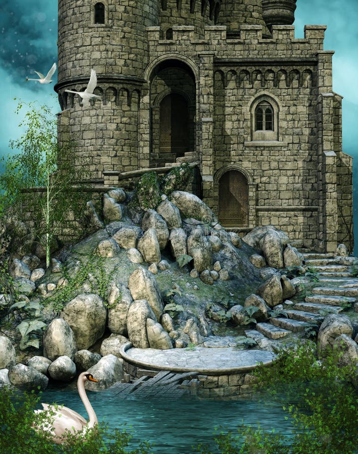 Ruined castle by a lake stock illustration. Illustration of ruined ...