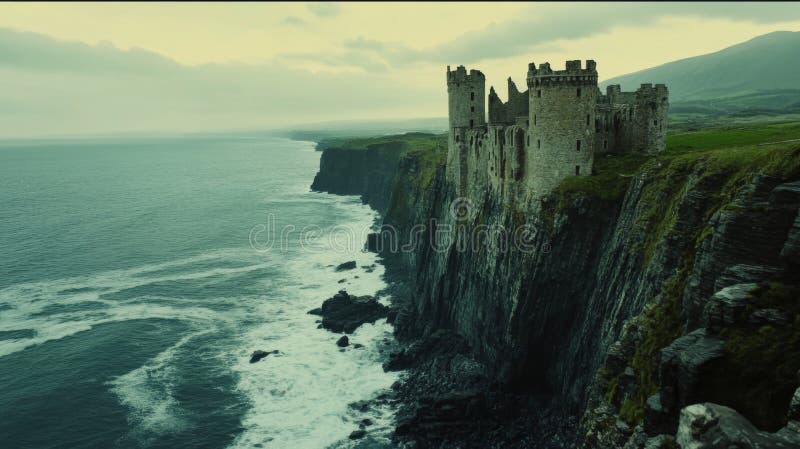 Ruined Castle Perched on a Cliff Overlooking the Sea Stock Illustration ...