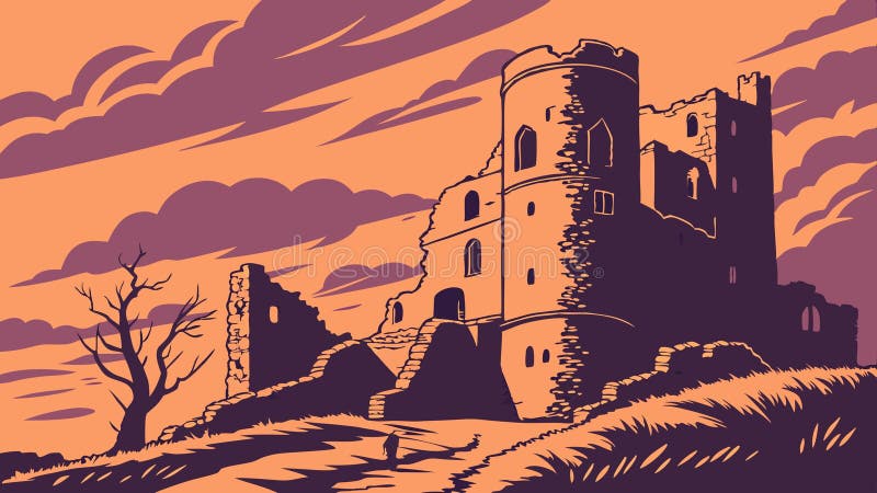 Ruined Castle at Sunset, Historical Site, and Dramatic Landscape Vector ...