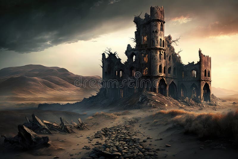 Ruined Castle Surrounded by Scorched and Blackened Fields after Battle ...