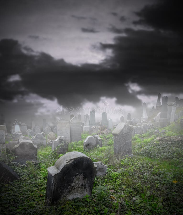 Cemetery, Graveyard with Tombstones at Night Stock Photo - Image of ...