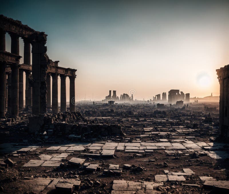A Ruined City with Crumbling Buildings and Rubble on the Ground. Stock ...