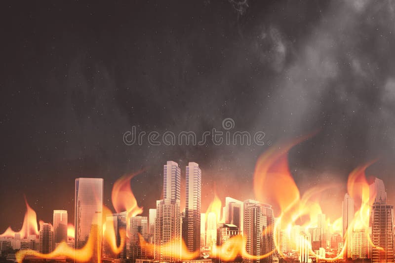 The Ruined City with Fires and Sparks Stock Photo - Image of ...
