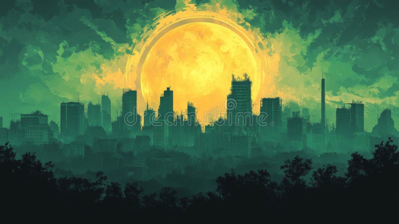 Ruined City at Night Under a Yellow Moon Stock Illustration ...