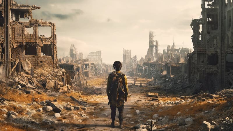 Ruined City and Soldier Back View. Generative AI Stock Illustration ...