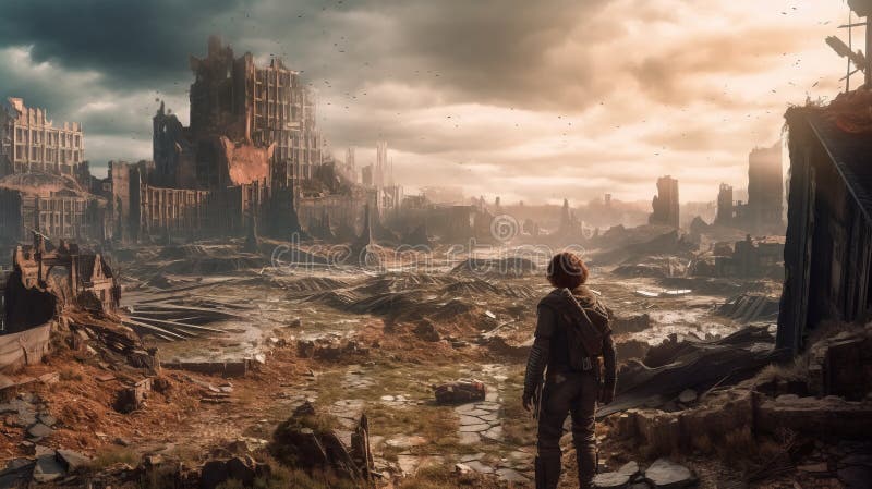 Ruined City and Soldier Back View. Generative AI Stock Illustration ...