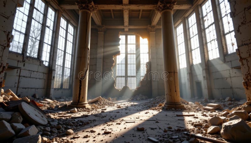 Ruined Concrete Room with Tall Columns and Large Windows Letting ...