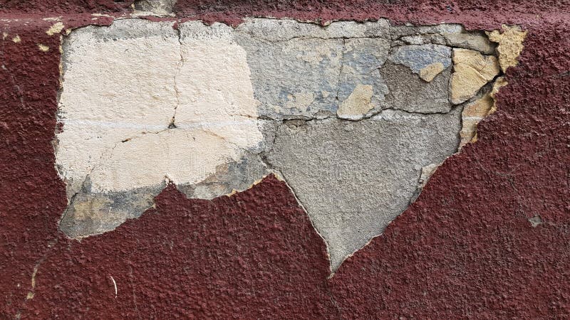 Ruined Dark Red Wall Structure with Cracks and Rough Textured Plaster ...