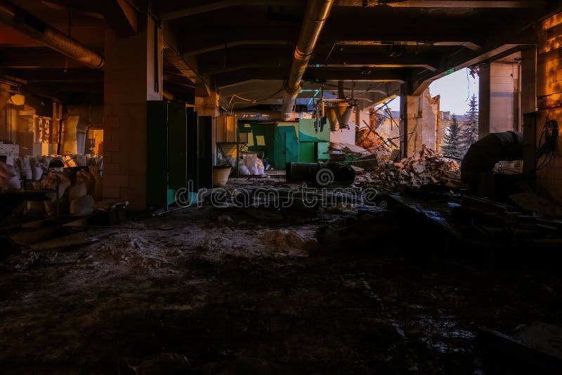 Ruined Factory Interior. Consequences of Disaster, War or Demolition ...