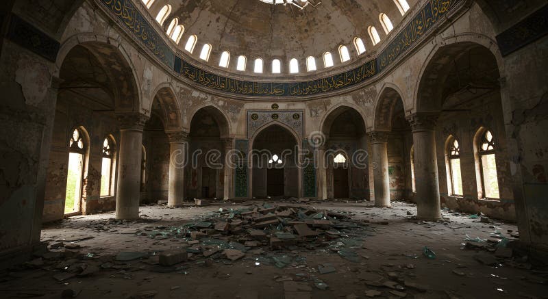 Ruined Interior of a Historic Mosque with Rubble and Calligraphy (AI ...