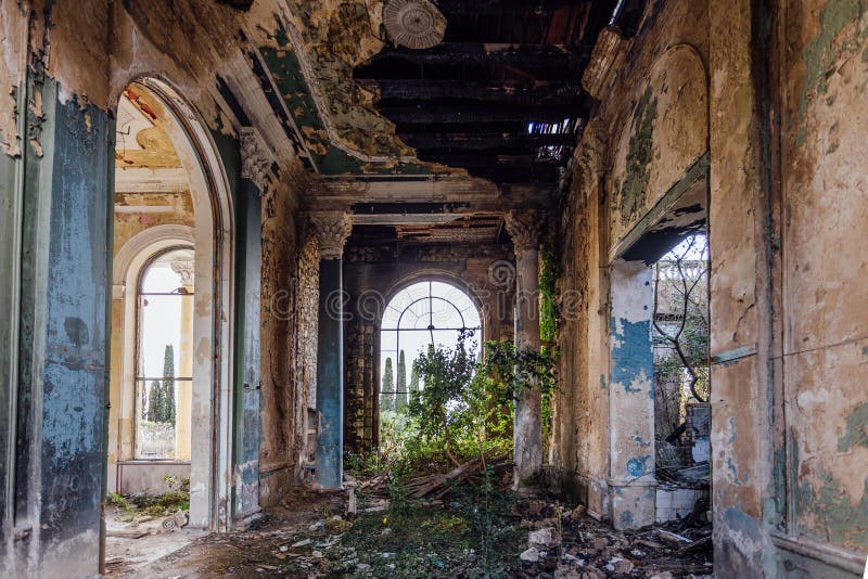 Ruined Large Hall Interior Overgrown by Plants and Moss Stock Photo ...