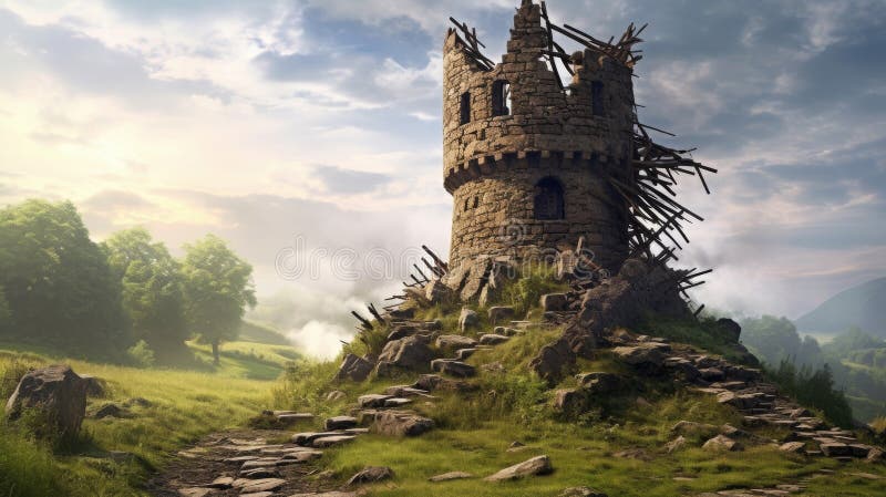 Ruined Medieval Tower of a Wizard Stock Illustration - Illustration of ...