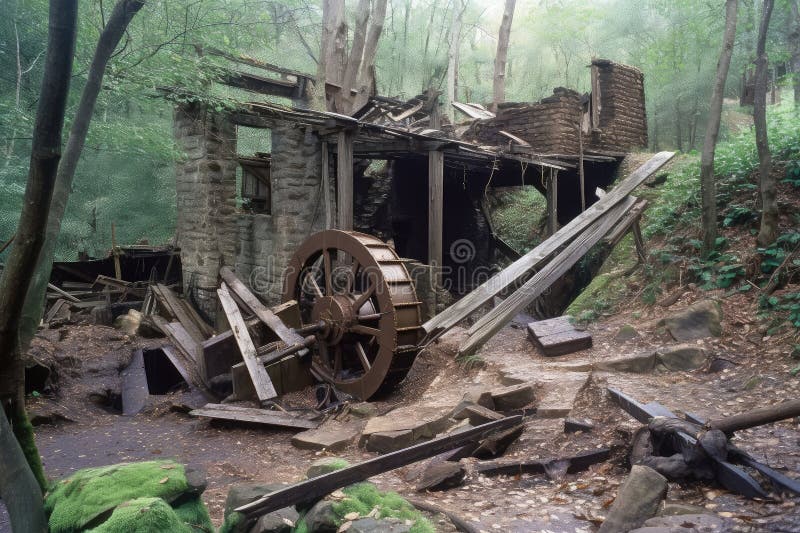 Ruined Mill with Broken Machinery and Fallen Timbers Lying in Disarray ...