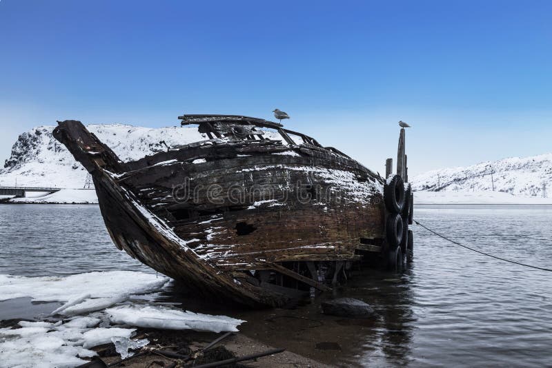 A Ruined Old Ship on the Shore of the Sea Bay Stock Image - Image of ...