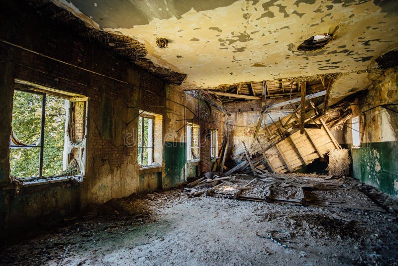 Ruined Room, Collapsed Ceiling in Abandoned Building Stock Image ...